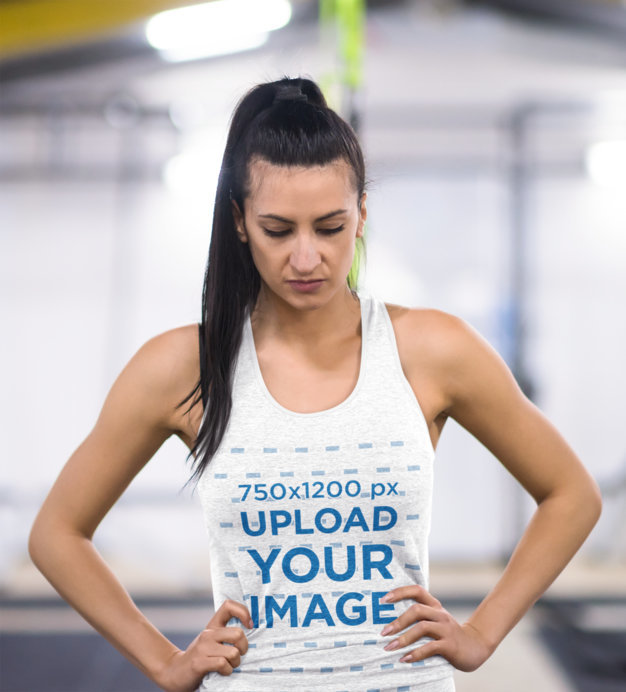 Placeit - Heathered Tank Top Mockup Featuring a Fitness Woman at the Gym