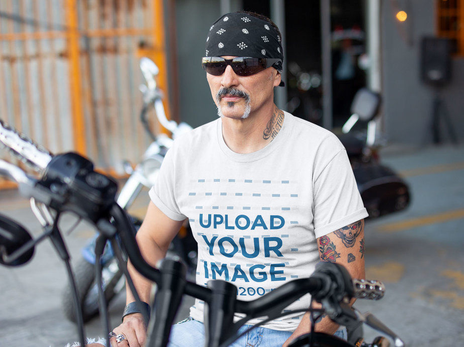 Placeit - T-Shirt Mockup of a Biker with a Thick Mustache