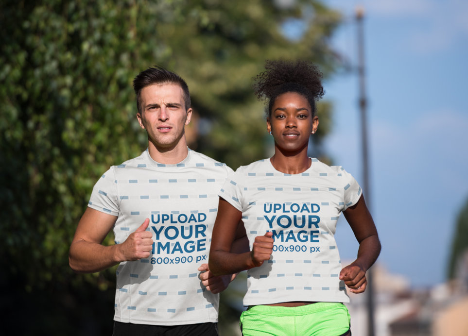 Placeit - Sublimated T-Shirt Mockup Featuring a Man and Woman Running