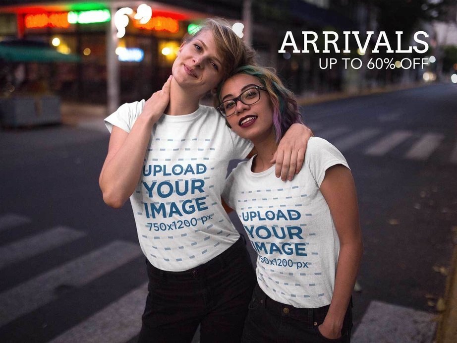 Placeit - Twitter Ad - Two Girlfriends Wearing T-Shirts on the Street