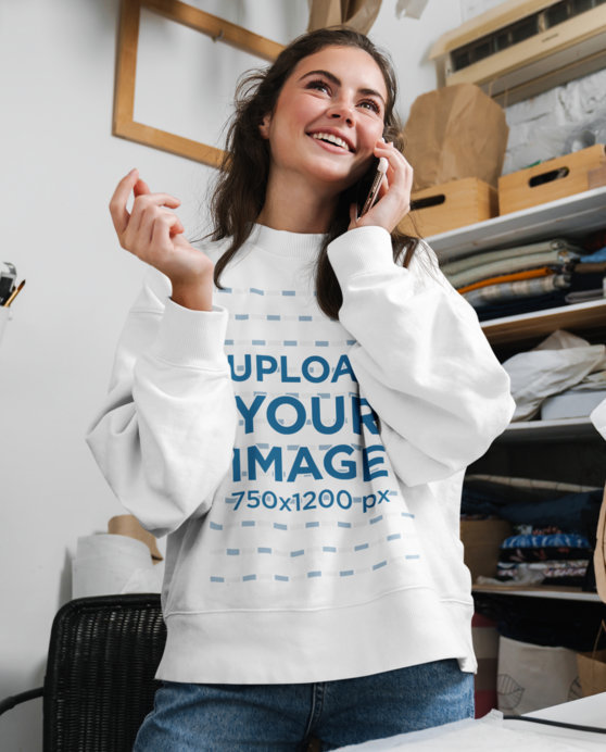 Placeit - Sweatshirt Mockup Featuring a Happy Woman Talking on the Phone