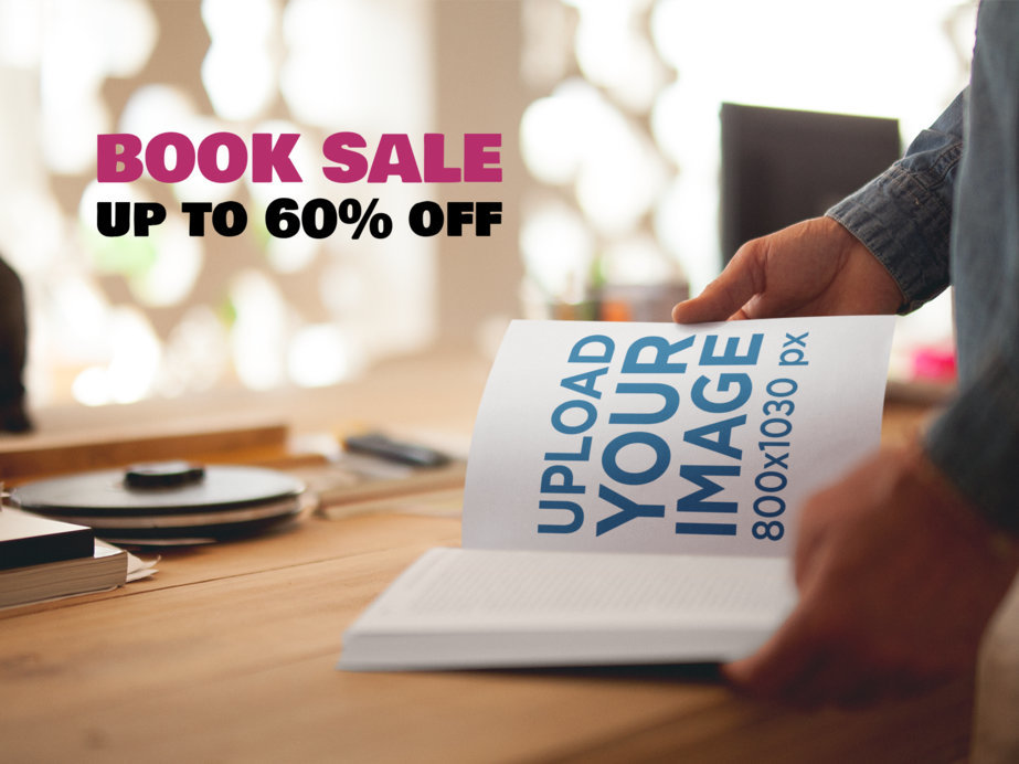 Placeit - eBook Ads - Book Being Read on a Wooden Table