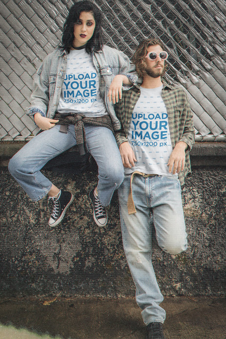 Placeit - T-Shirt Mockup of a Couple Wearing 90's Grunge-Inspired Garments
