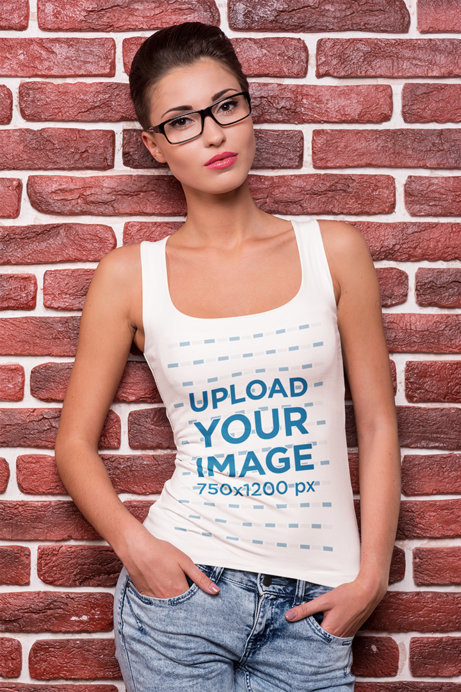 Placeit - Scoop Neck Tank Top Mockup of a Woman with Glasses Leaning on ...