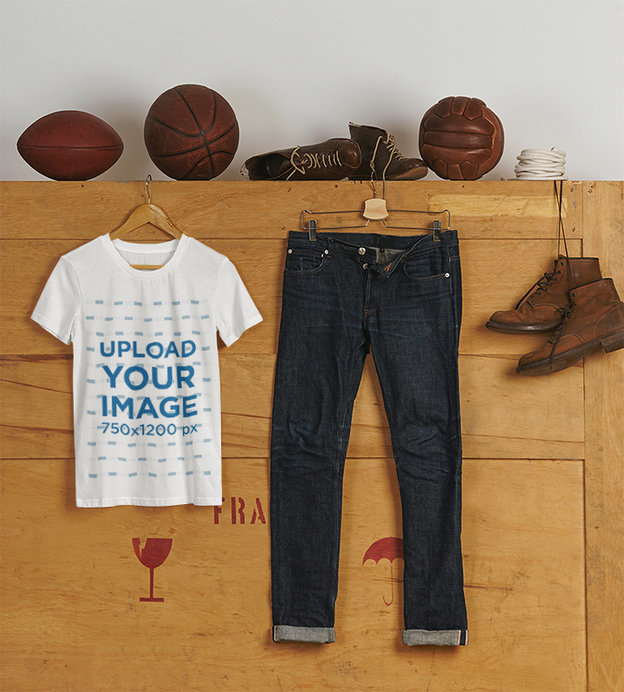 Placeit - Outfit Mockup of a Rounded-Neck Tee Hanging on a Wooden Box