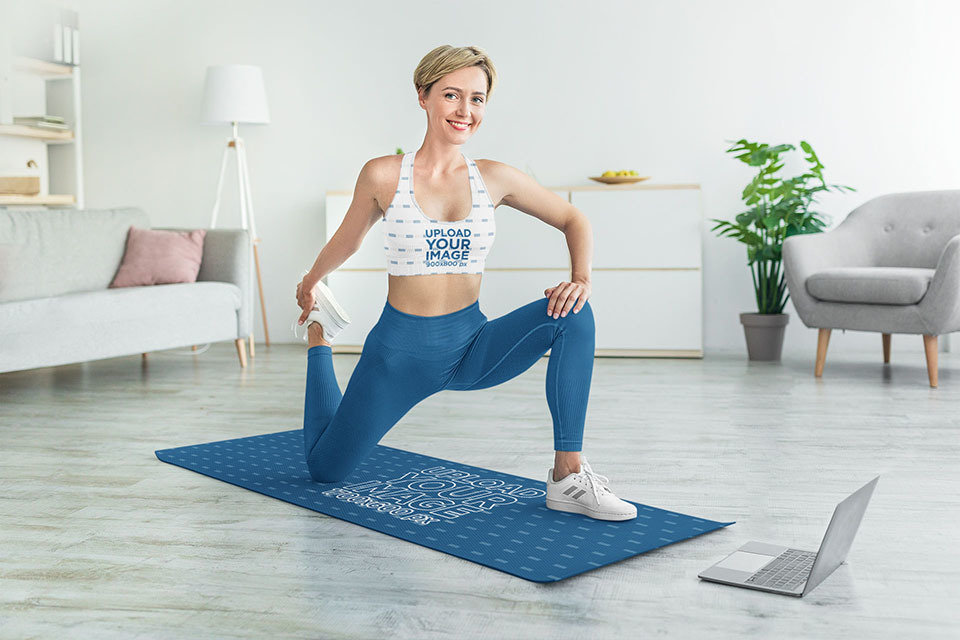 Placeit - Sports Bra Mockup of a Woman Taking an Online Fitness Class ...