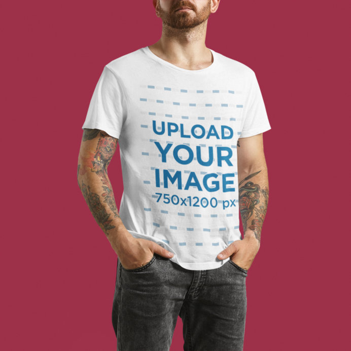 Placeit - T-Shirt Mockup of a Bearded Tattooed Cropped-Face Man at a Studio