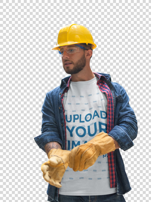 Placeit - Transparent Worker Wearing a T-Shirt Mockup with Protections ...