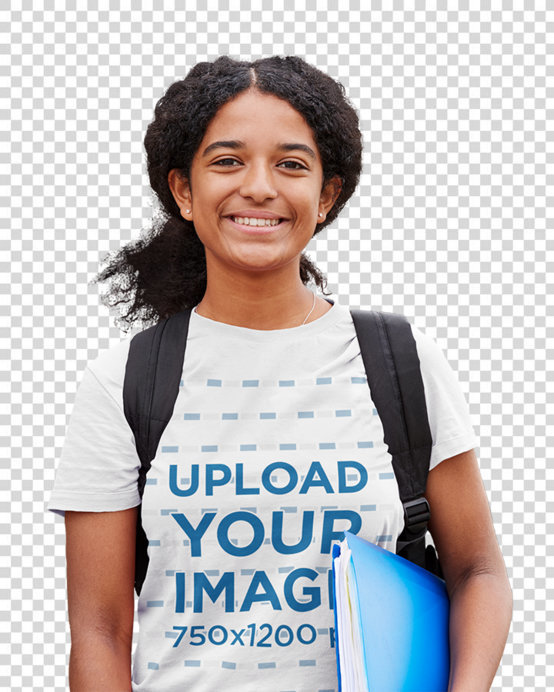 Placeit - Transparent Basic Tee Mockup of a Happy Female Student