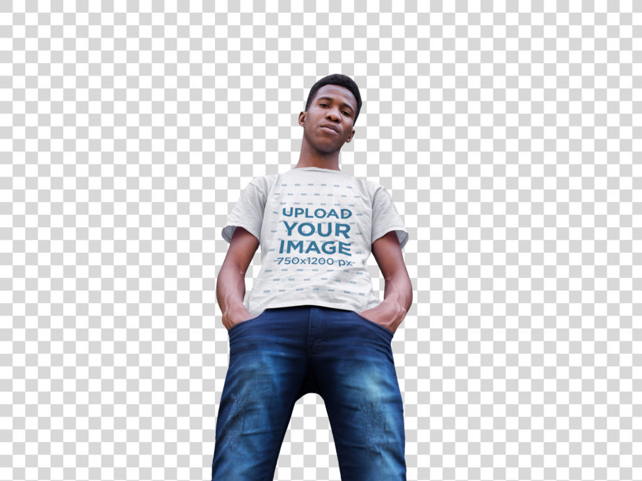 Placeit - Transparent Young Man Looking down While Wearing a Tshirt Mockup