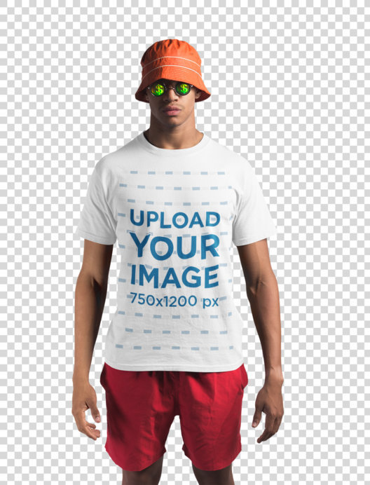 Placeit - Transparent Beach Clothing Mockup of a Man Wearing a T-Shirt