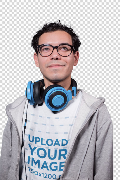 Placeit - Transparent Dreamy Geek Dude Wearing a T-Shirt Mockup in a ...