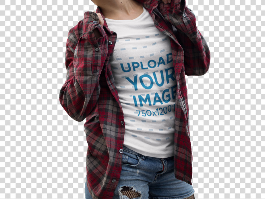 Placeit - Transparent T-Shirt Mockup of a Woman Wearing a Plaid Shirt