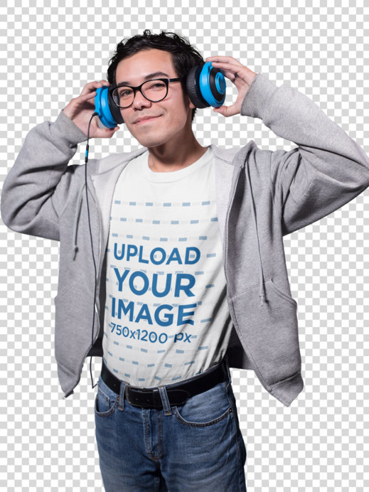 Placeit - Transparent Geek Dude Wearing a T-Shirt Mockup Putting on his ...