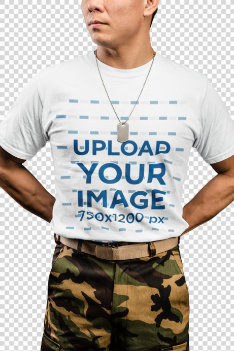 Placeit - Transparent Crewneck Tee Mockup of a Man in an Army Outfit