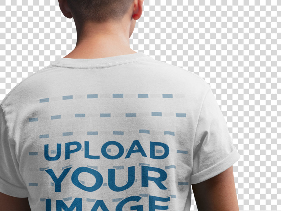 Placeit - Transparent Back Shot T-Shirt Mockup of a Man in a Gray Room