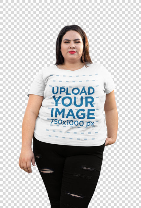 Placeit - Transparent Plus Size Tee Mockup Featuring a Woman Posing in ...