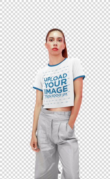 Placeit - Transparent Crop Top Ringer Tee Mockup Featuring a Freckled ...