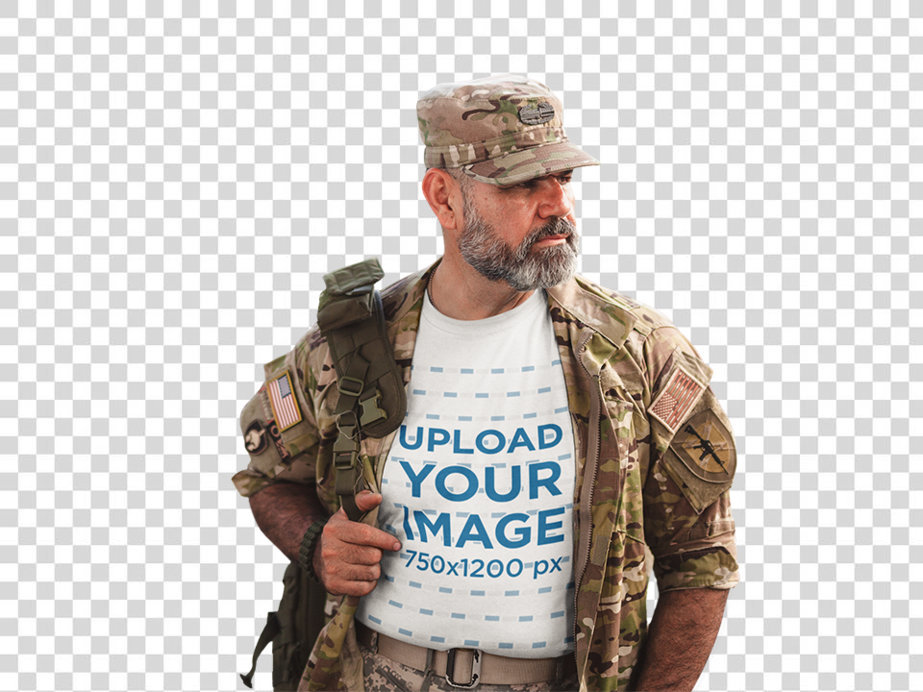 Placeit - Transparent Urban T-Shirt Mockup Featuring a Soldier in Army Gear