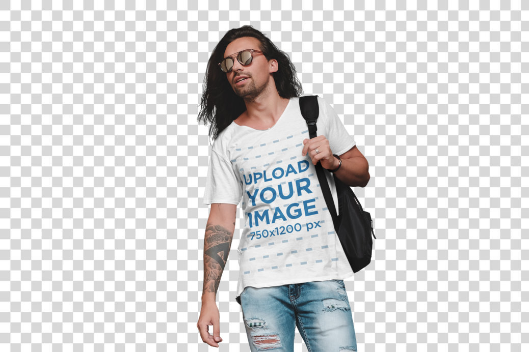 Placeit - Transparent V-Neck Tee Mockup of a Trendy Man with Long Hair