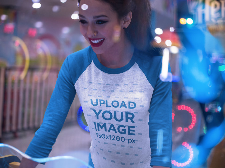 Placeit - Woman Wearing a Heathered Raglan T-Shirt Mockup While Playing ...