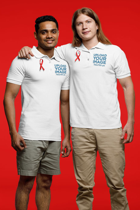 Placeit - Polo Shirt Mockup Featuring Two Men Wearing Red Ribbons for ...
