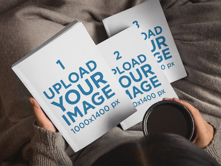 Placeit - Woman Contemplating Three Books Mockup While Drinking a Tea