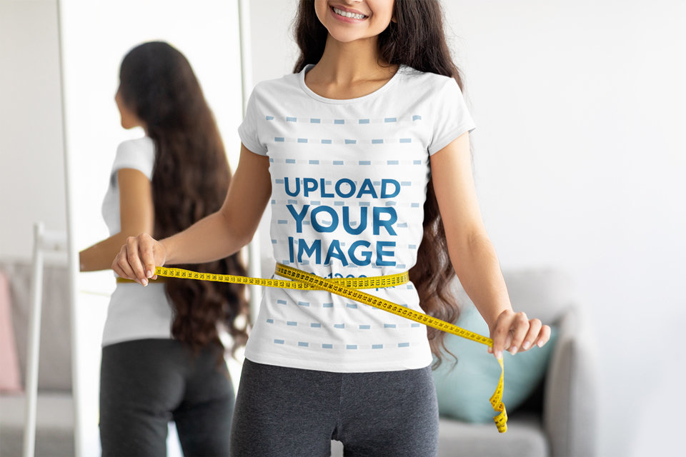 Placeit - T-Shirt Mockup of a Long-Haired Woman Measuring Her Waist