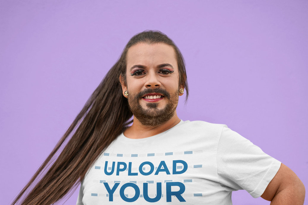 Placeit - Round-Neck Tee Mockup of a Non-Binary Person with a Beard and Long Hair