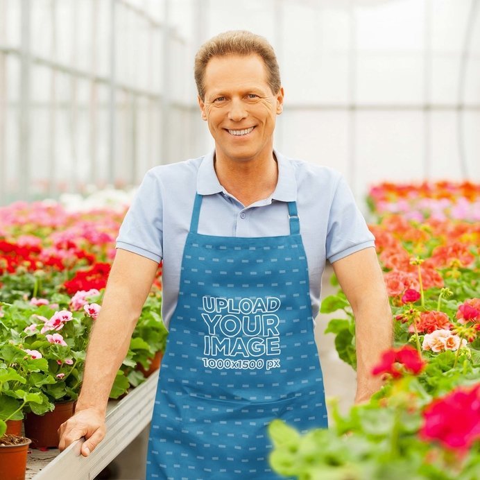 Placeit - Sublimated Apron Mockup Featuring a Smiling Florist at His Shop