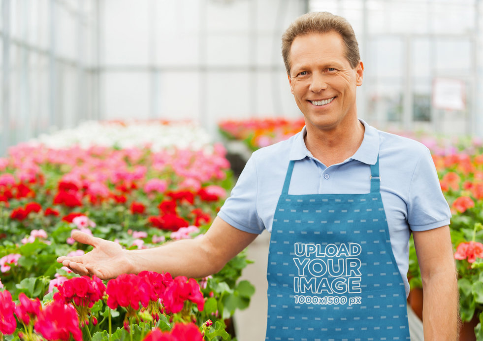 Placeit - Sublimated Apron Mockup Featuring a Smiling Florist