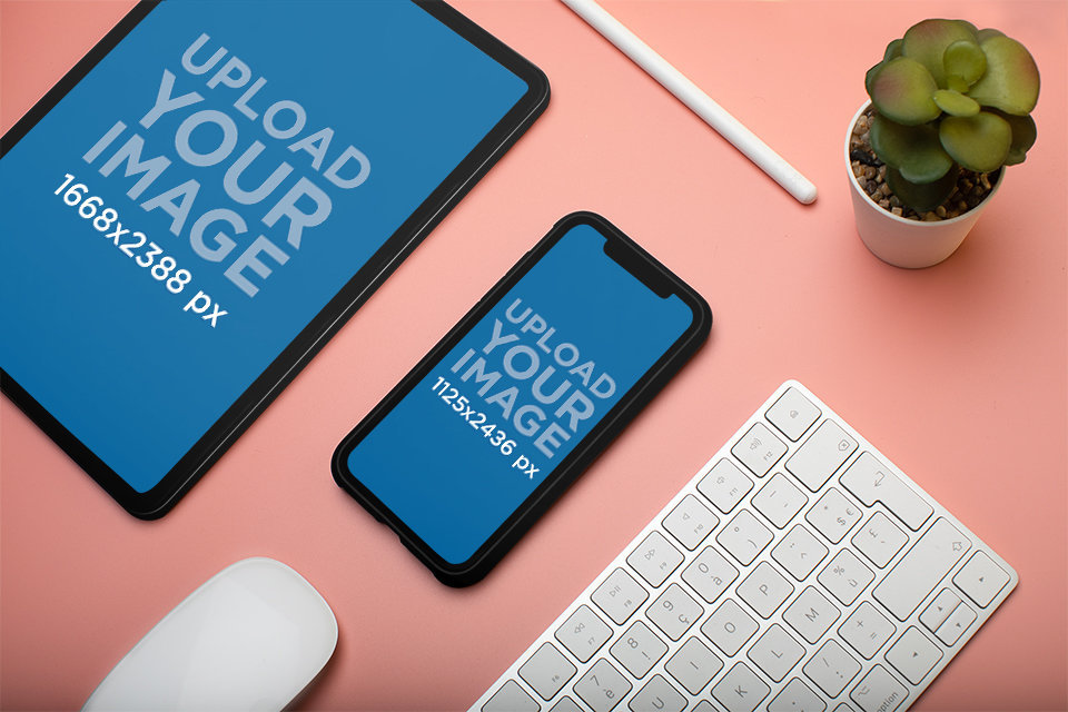 Placeit - Mockup of an iPad and an iPhone Placed on a Peach Color Surface