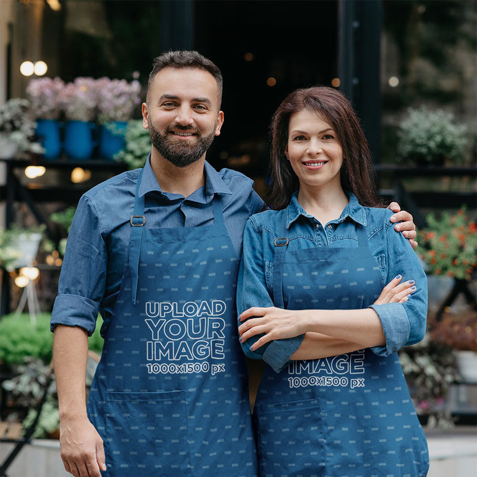 Placeit - Sublimated Apron Mockup Featuring a Smiling Couple of Florists