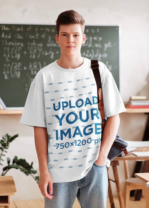 Placeit - Mockup of a College Student Wearing a T-Shirt in a Classroom