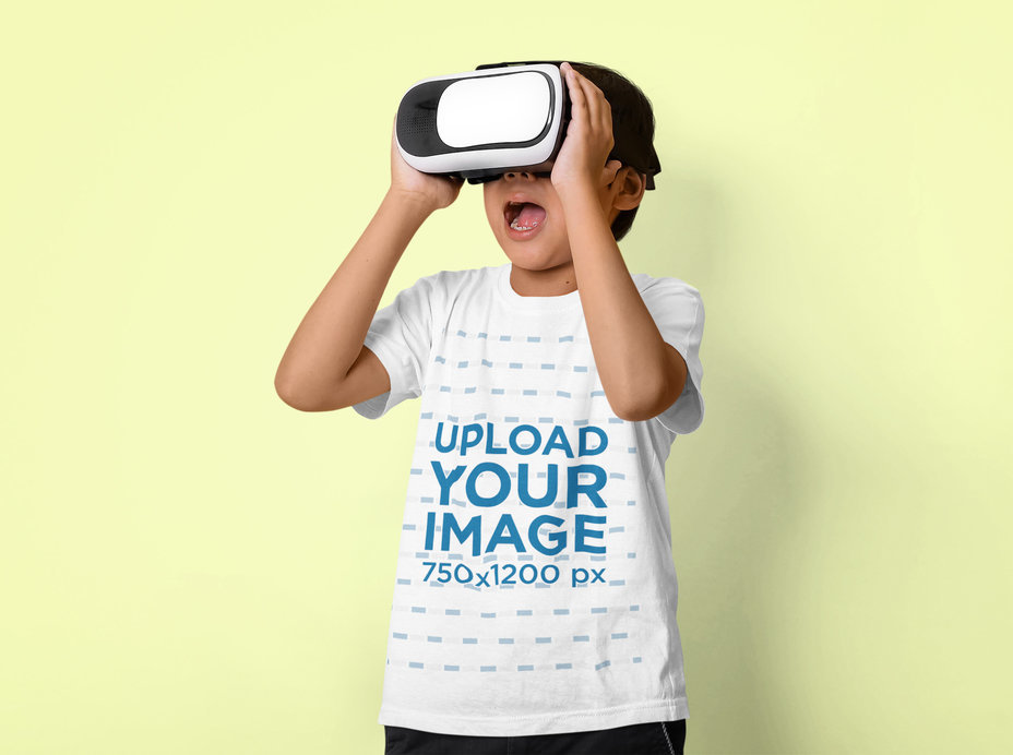 Placeit - Round-Neck Tee Mockup of a Kid Wearing a VR Device