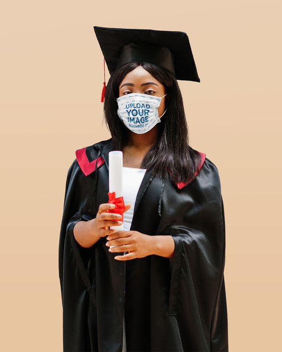 Placeit - Face Mask Mockup Featuring a Female Graduate Holding a Diploma