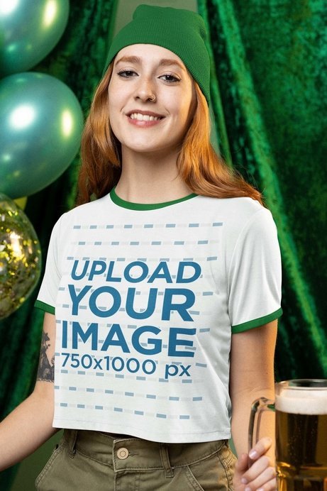 Placeit - Ringer T-Shirt Mockup Featuring a Woman at a St Patrick's Day ...