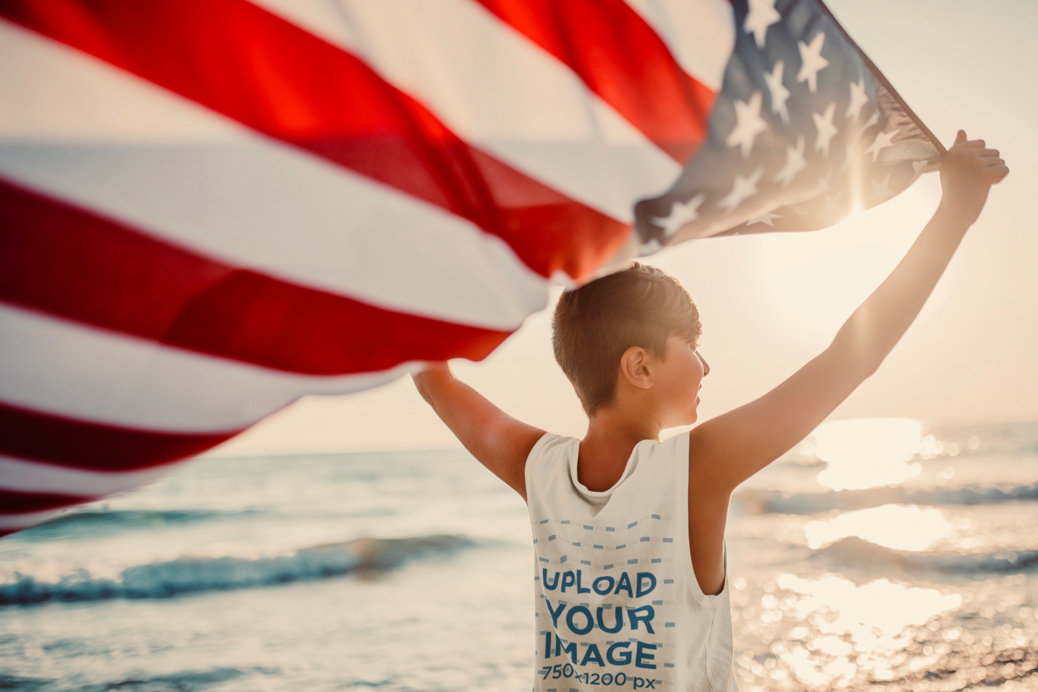 Placeit - Tank Top Mockup Featuring a Little Boy Raising the American Flag