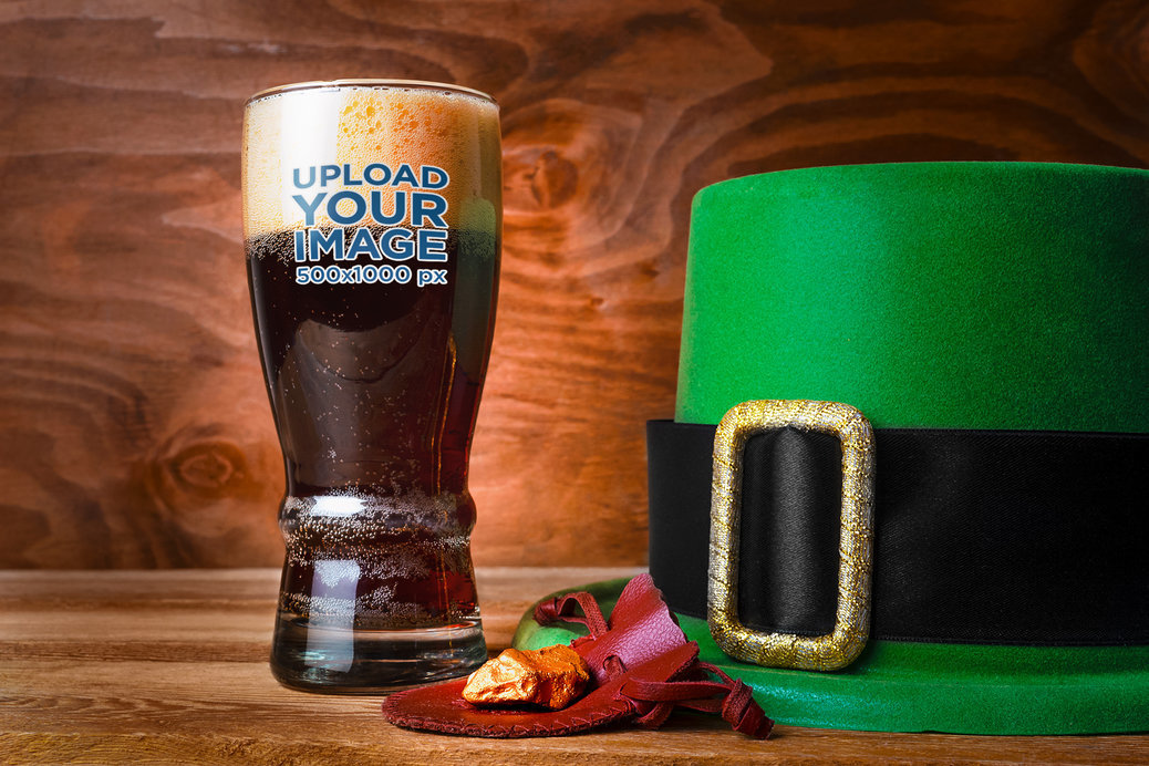 Placeit - Beer Glass Mockup Featuring a Leprechaun Hat for St Patrick's Day