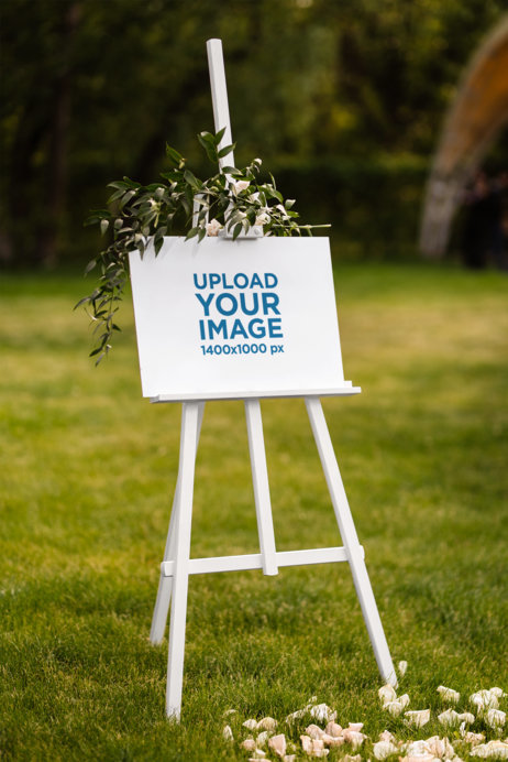 Placeit - Wedding Sign Mockup Featuring White Flowers and Some Petals