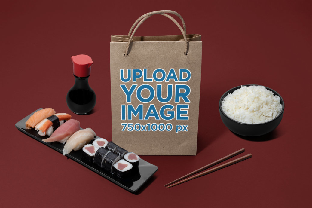 Placeit - Paper Bag Mockup Featuring Sushi and Rice