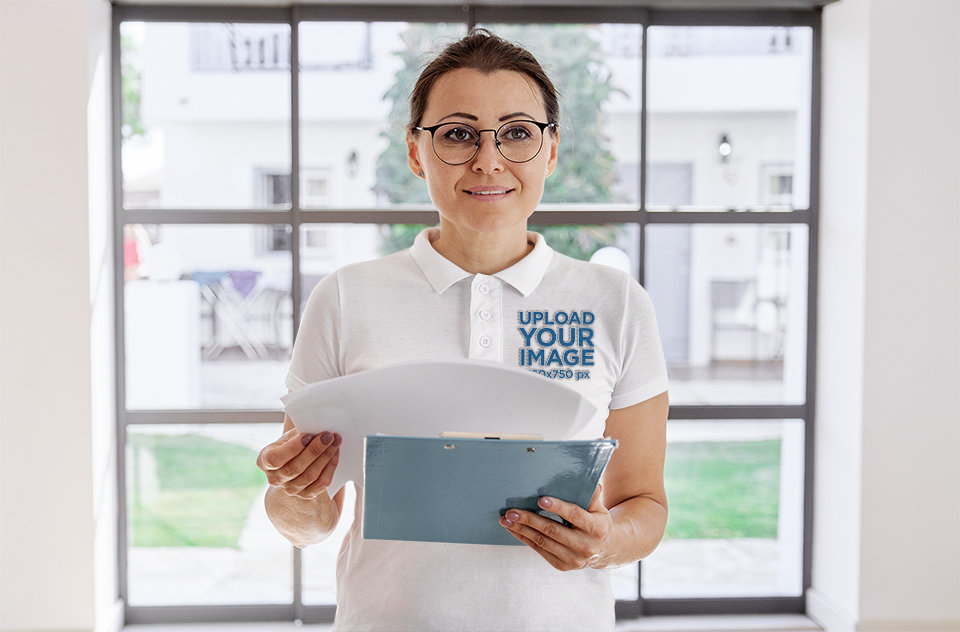 Placeit - Heathered Polo Shirt Mockup of a Female Teacher with Glasses ...