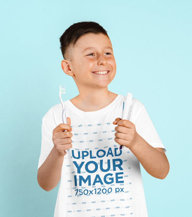 Placeit - Crewneck Tee Mockup of a Smiling Boy with a Toothpaste and a ...