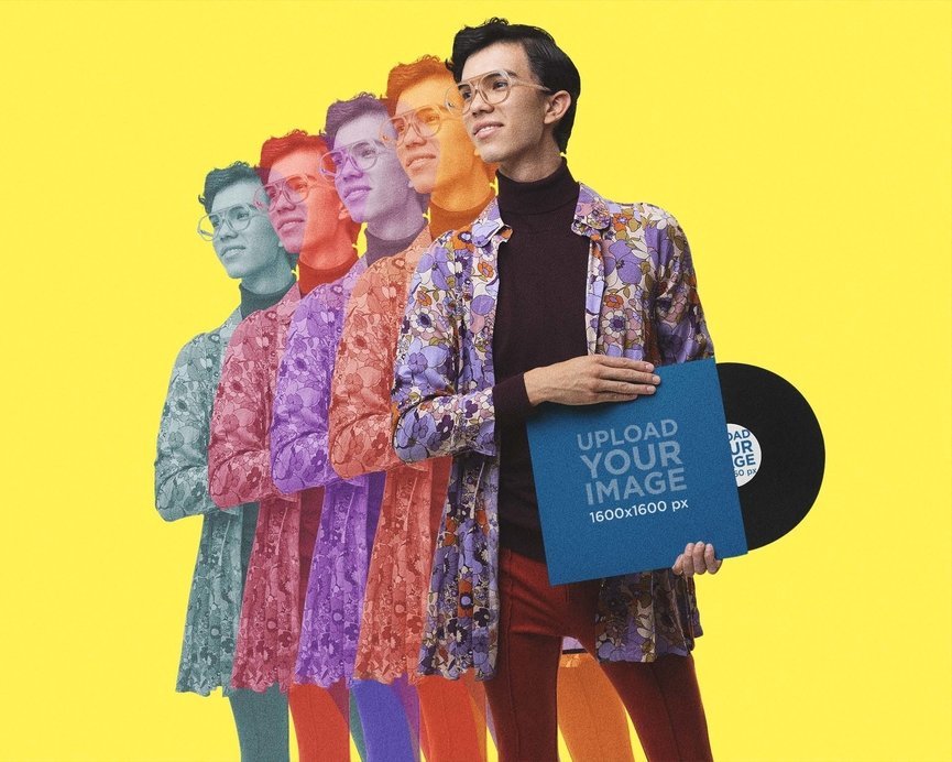 Placeit - Vinyl Record Mockup Featuring a Groovy Man in a 60s Outfit