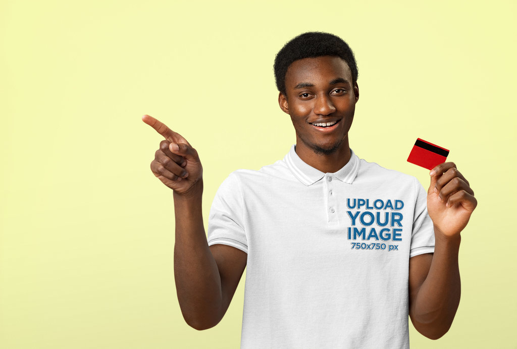Placeit - Polo Shirt Mockup of a Happy Man Holding a Credit Card
