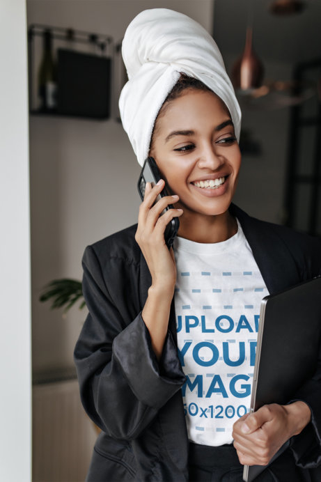 Placeit - Tee Mockup of a Woman Talking on the Phone with a Towel ...