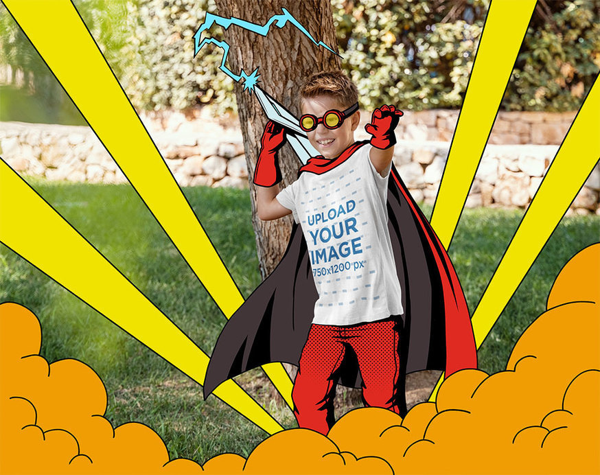 Placeit - T-Shirt Mockup Featuring a Boy Wearing Comic Superhero Clothes