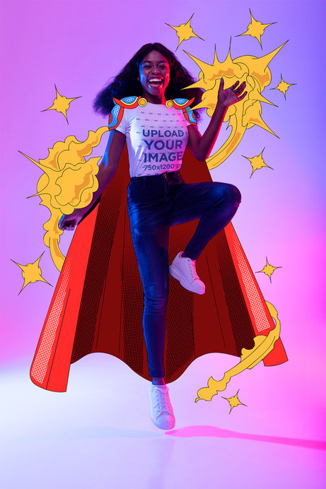 Placeit - Tee Mockup of a Happy Woman with an Illustrated Hero Costume ...