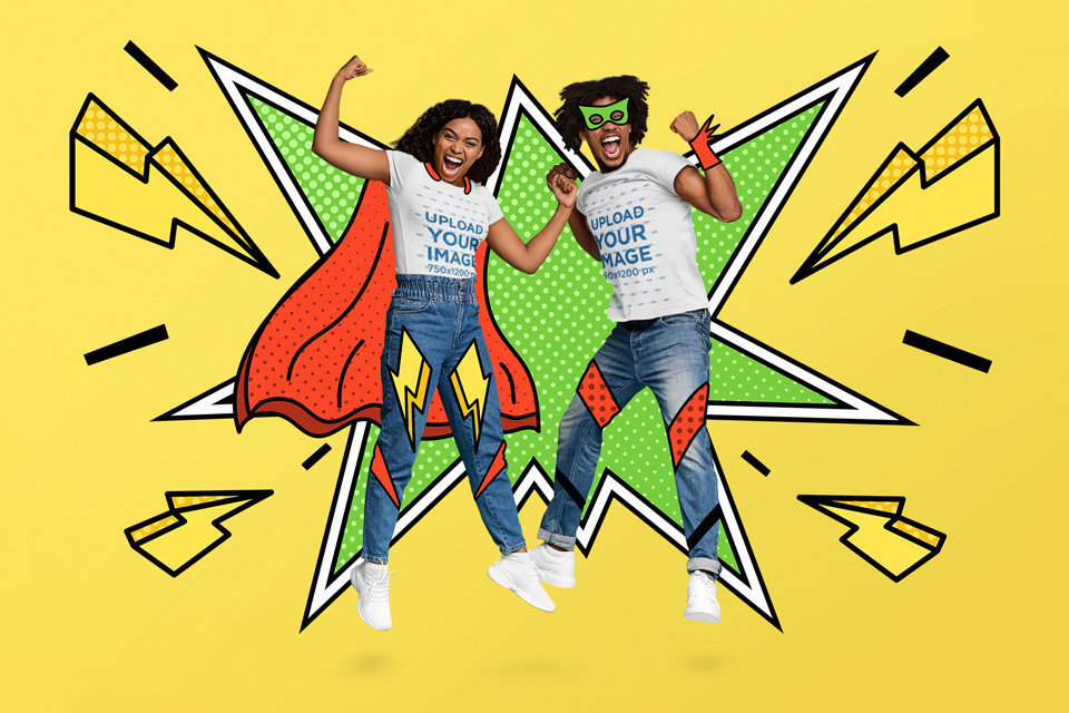 Placeit - Superhero-Themed Mockup of a Powerful Couple Wearing T-Shirts ...