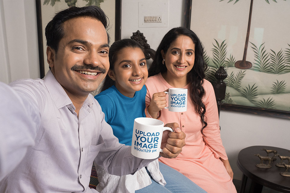 Placeit - Selfie Mockup Featuring a Family Holding Their Coffee Mugs